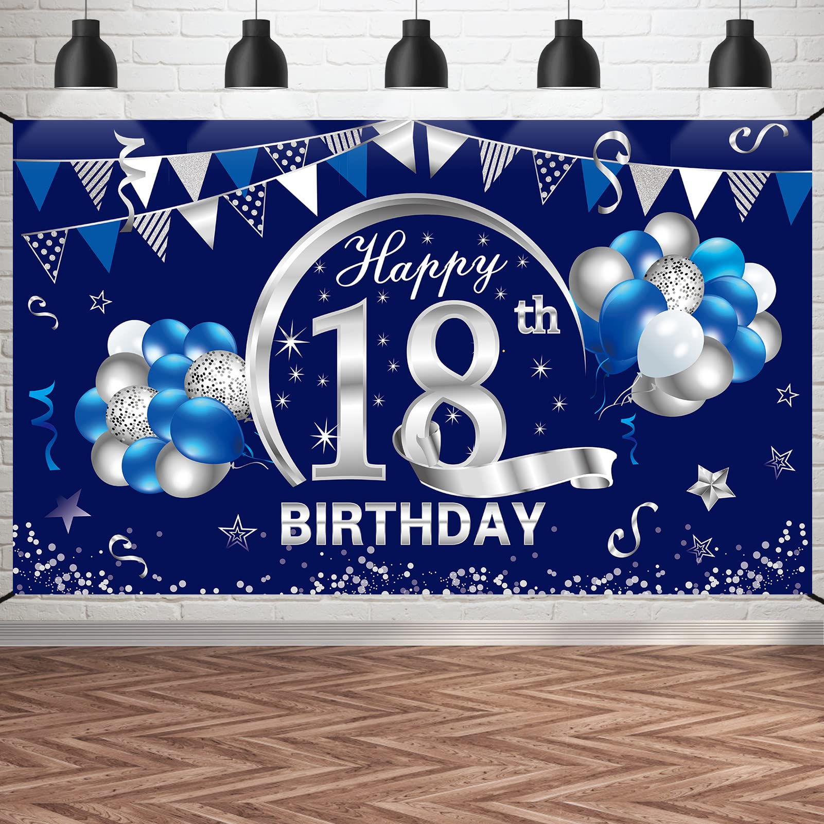 Blue Silver 18th Birthday Banner Decorations for Men Boy - Happy 18 Birthday Backdrop Party Supplies - Eighteen Birthday Poster Photo Props Background Sign