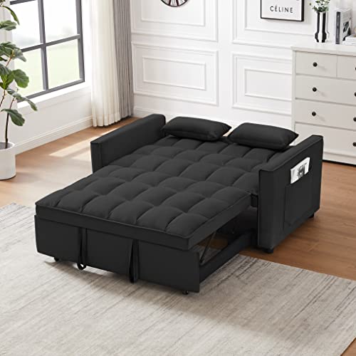 DHHU 52" Sleeper Couch Pull Out Bed, Velvet Convertible Sofa Bed, Loveseat Couch with Toss Pillows and Pockets for Living Room Furniture