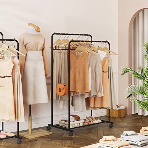 Hoctieon Double Rod Garment Rack,Clothes Rack on Wheels,Portable Clothing Racks for Hanging Clothes,Closet Hanger Rack with Shelves Black