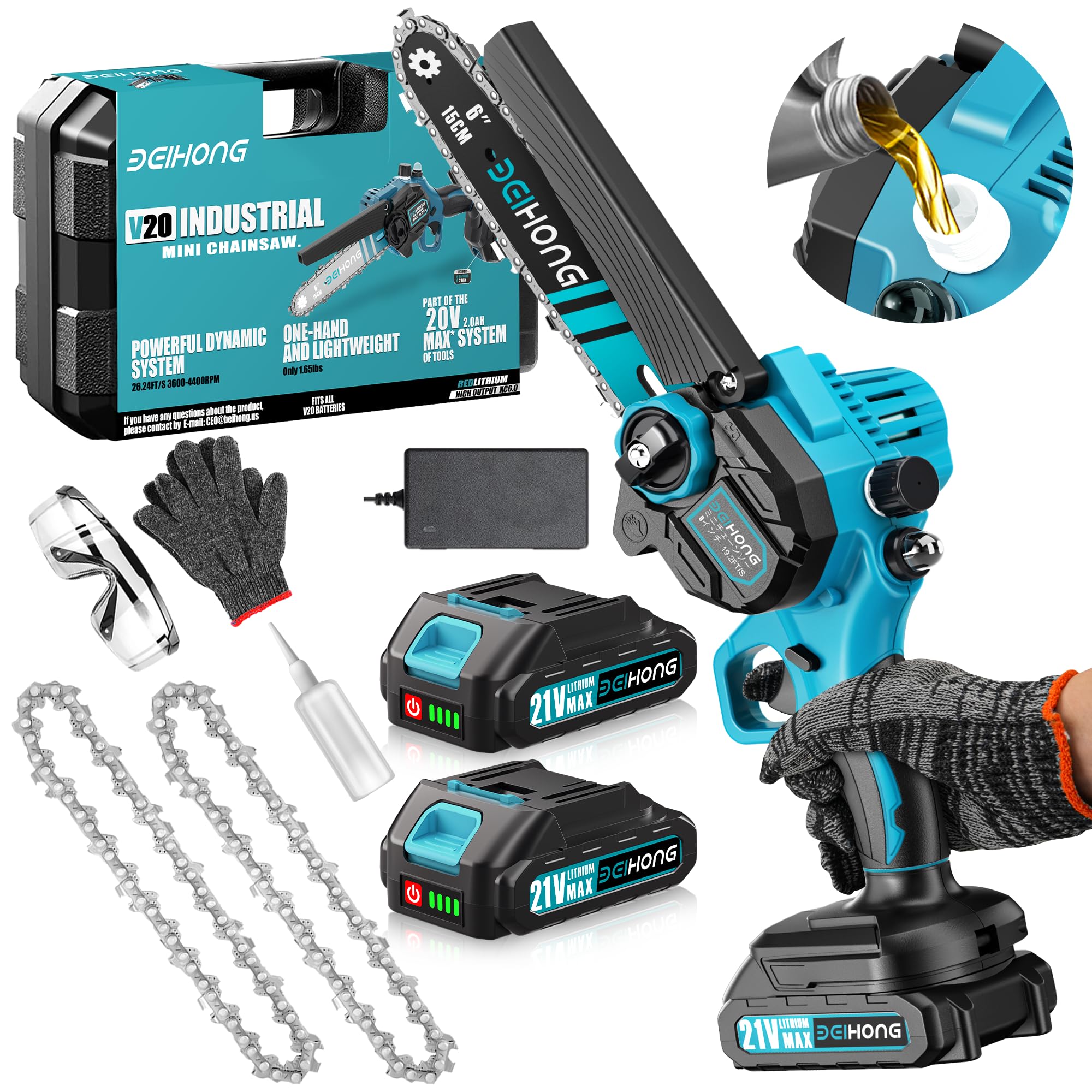 BEI & HONG Mini Chainsaw Cordless 6-Inch | Upgraded Chain Oil System | 775 High Torque Motor | Switch Security Lock | Tool Free Lnstallation Design | Handheld Small Chainsaw for Cutting Wood Trimming