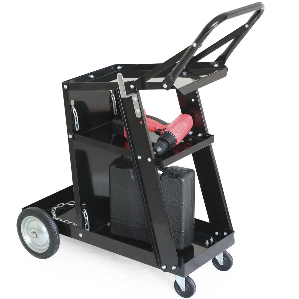 CAREU Welding Cart Plasma Cutting Machine with Universal Tank Storage 3-Tier Tig MIG Welder w/2 Safety Chains Trolley Workshop Organizer Black