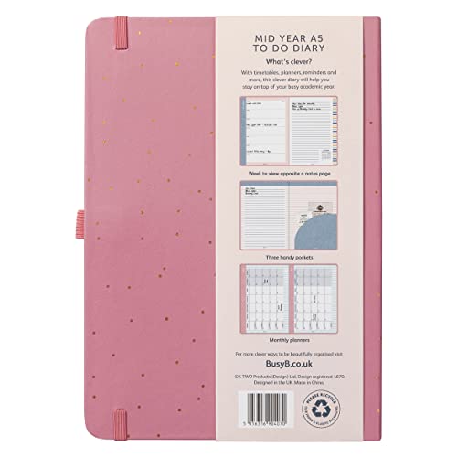 Busy B Mid Year A5 To Do Diary August 2022 - August 2023. Pink A5 Week to View Diary with Notes, Tear-Out Lists & Pockets