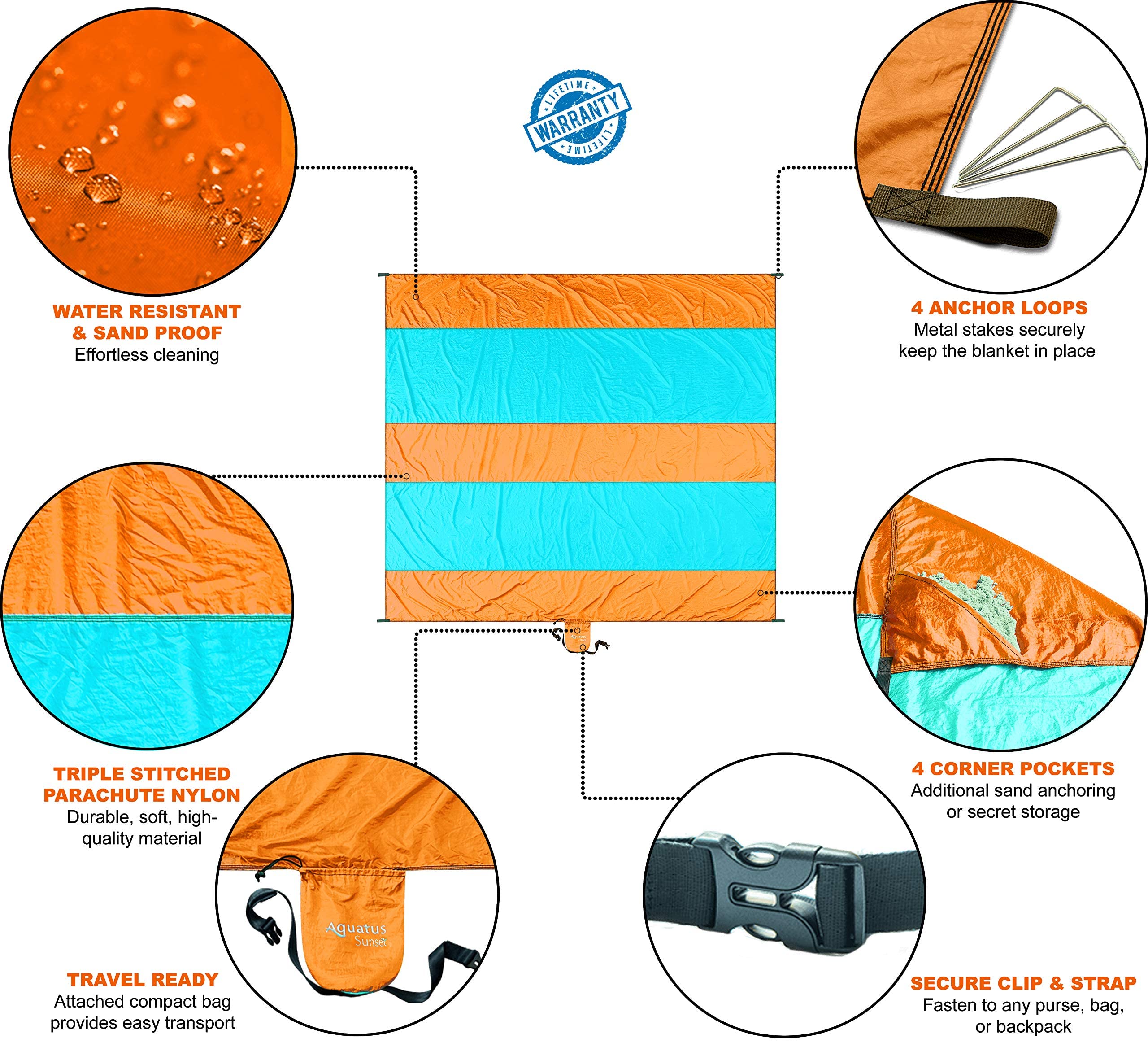 AQUATUS Premium XXL Beach Blanket Sandproof Water Resistant Quick Dry Mat 10ft by 9ft for 1-8 Adults with 4 Metal Stakes, 4 Corner Pockets, Secure Clip and Strap, and Attached Bag