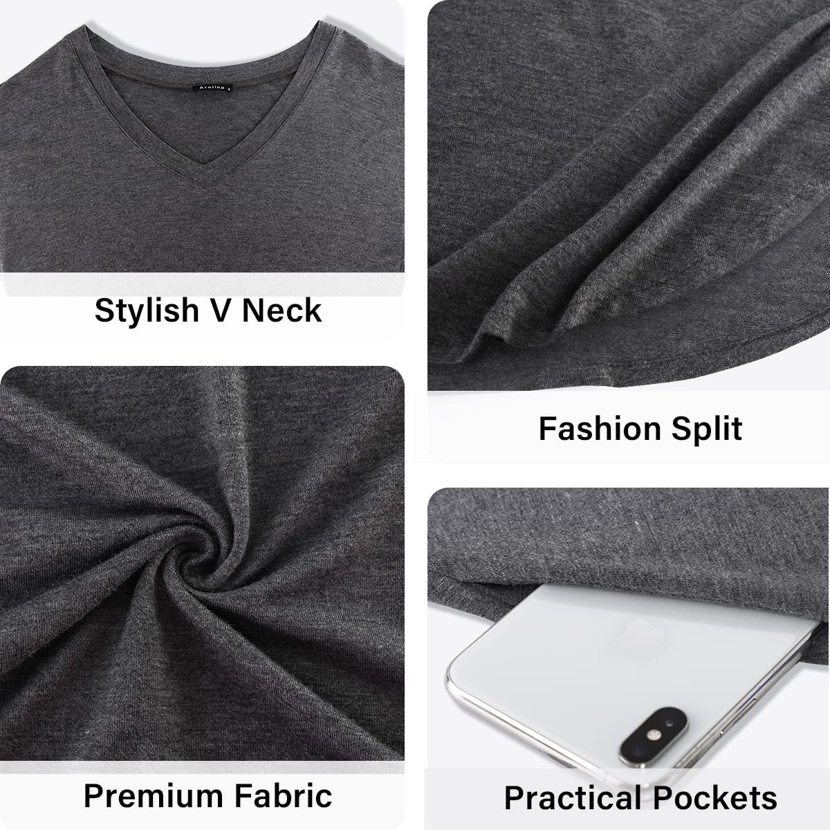 Arolina Women's Summer Maxi Dress Short Sleeve V Neck Casual Loose Long Beach Split Dresses with Pockets Dark Grey