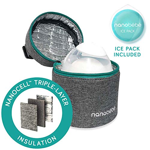 Nanobebe Breastmilk Baby Bottle Bundled with Travel Cooler, Grey Breast Milk Bottle 3-Pack (5oz) and Travel Cooler Bag, Ice Pack Included (12 Items)