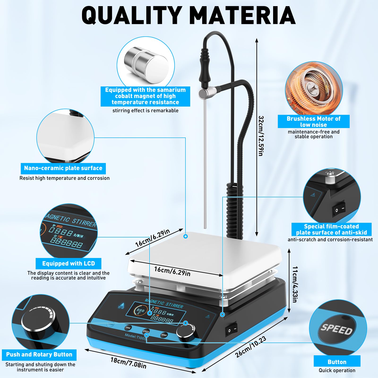 Digital Magnetic Stirrer Hot Plate w/Temp Sensor, 572℉ Magnetic Stir Plate w/3 Stir Bars, Max 6L Capacity Hot Plate Stirrer, 100-2000 RPM Magnetic Hotplate Stirrer w/LCD Display n Support Stand