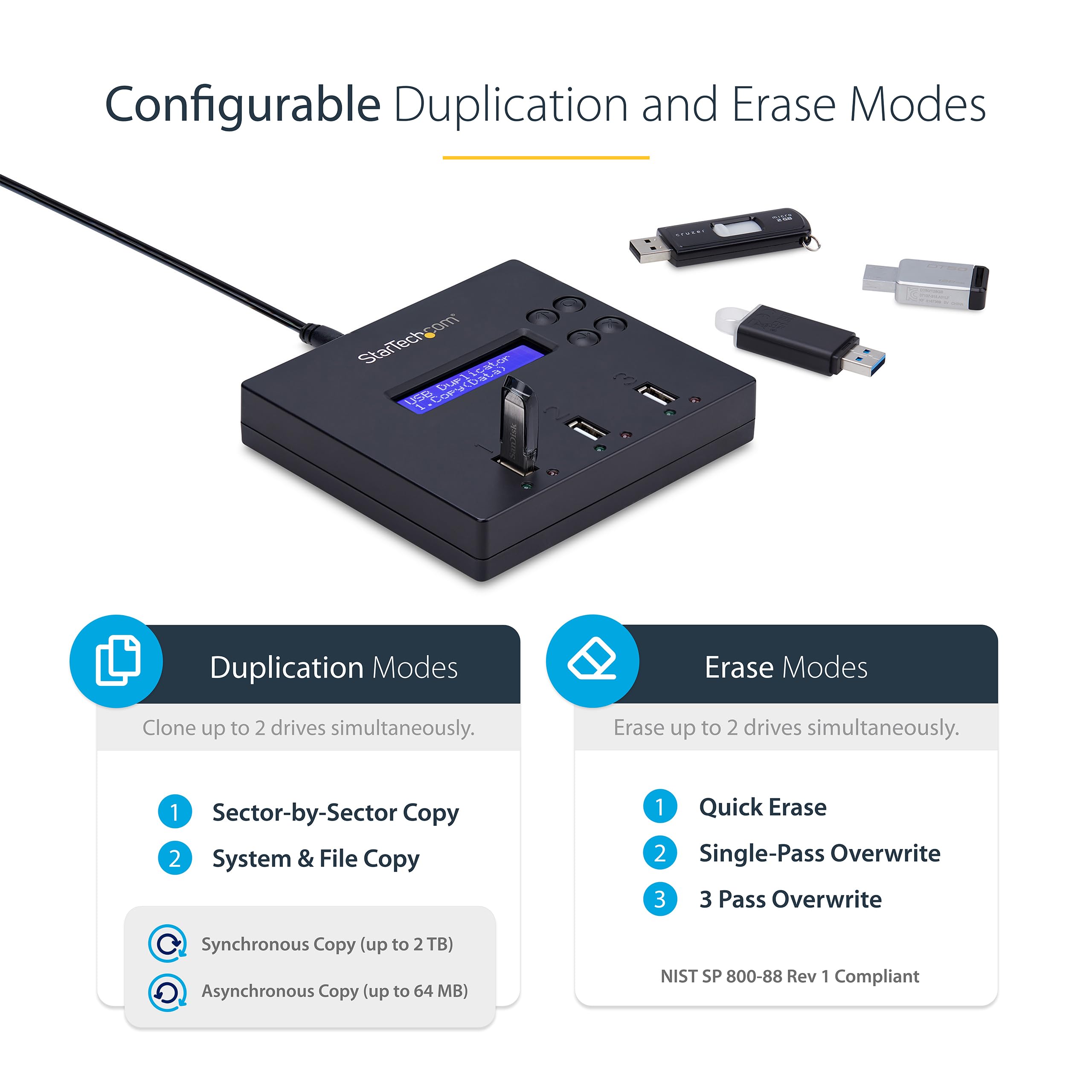 StarTech.com Standalone 1 to 2 USB Flash Drive Duplicator / Cloner / Eraser, Multiple USB Thumb Drive Copier / Sanitizer, System File / Sector-by-Sector Copy, 1.5 GB/min, 3-Pass Erase, LCD, TAA