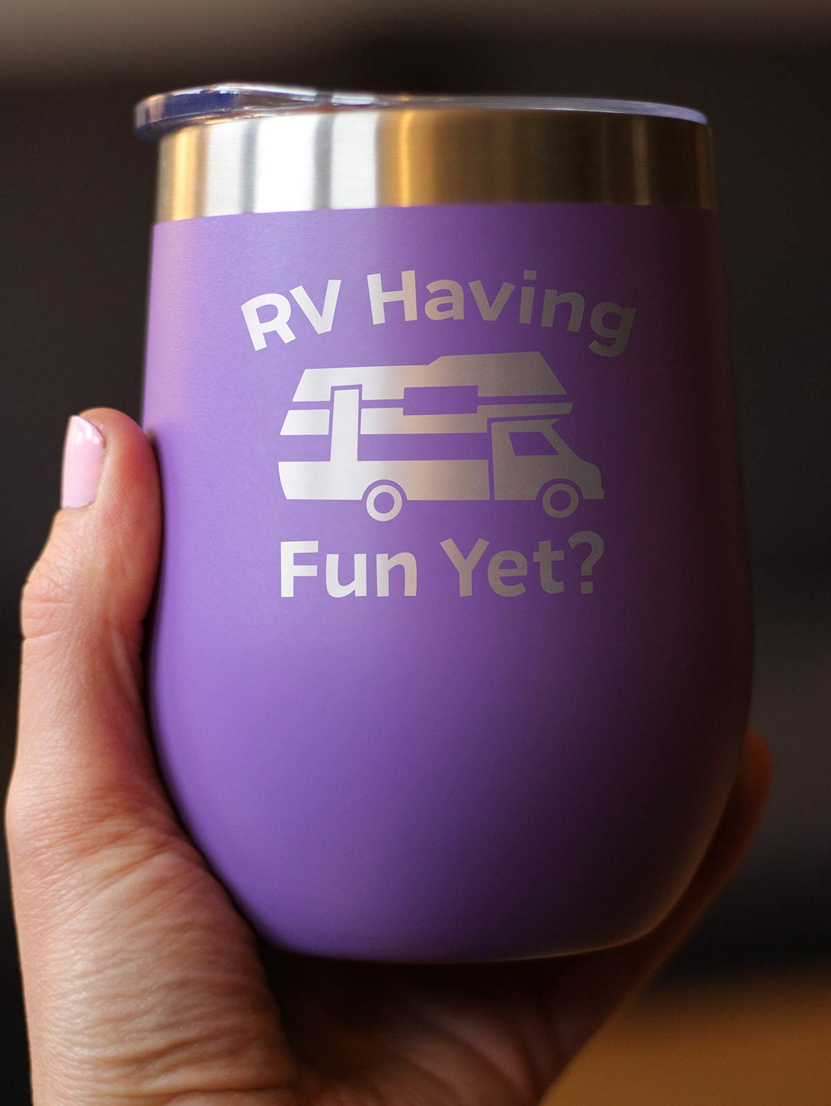 Bevvee RV Having Fun Yet Wine Tumbler with Sliding Lid - Stemless Stainless Steel Insulated Cup - Cute Outdoor Camping Mug - Purple