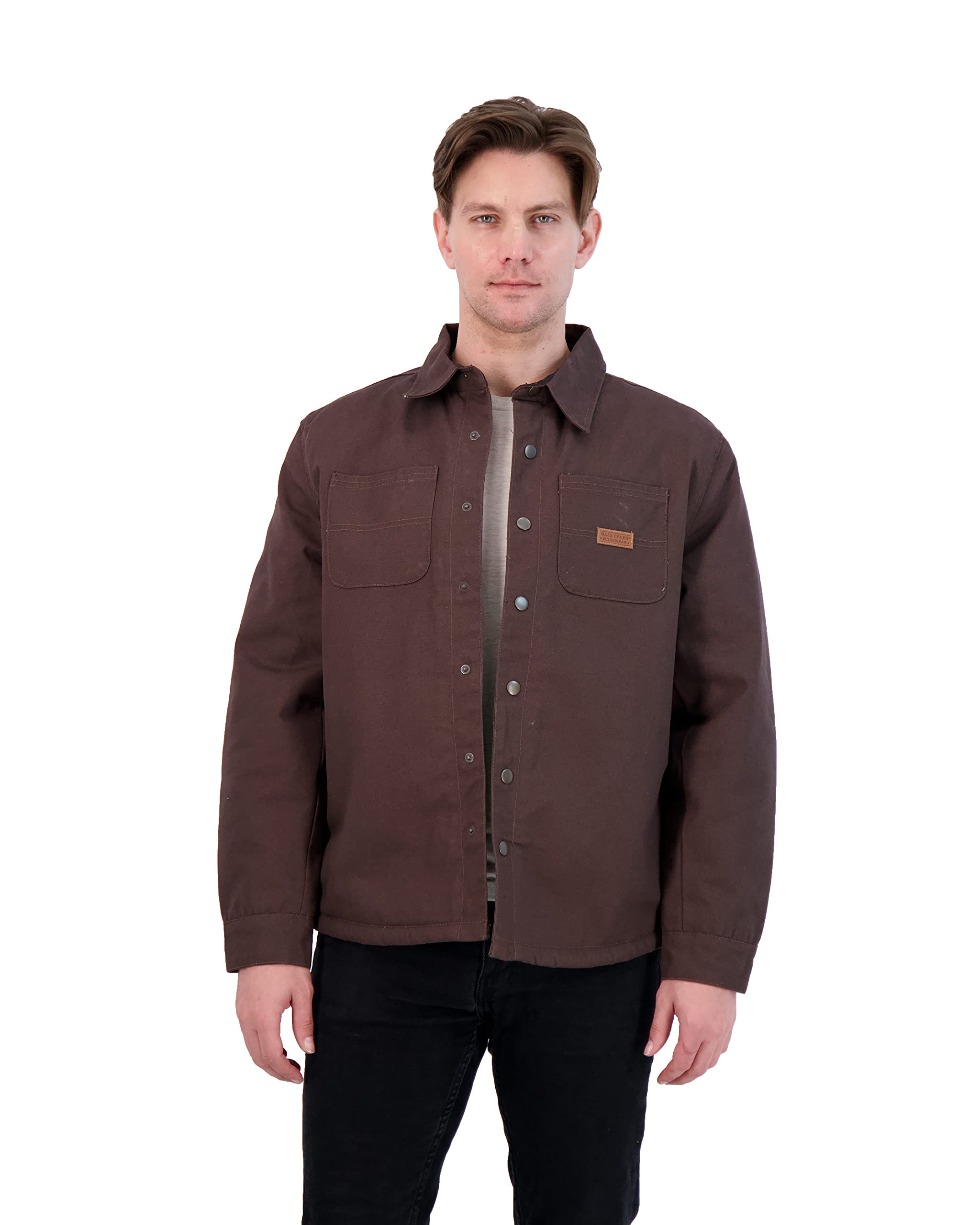 Bass Creek Outfitters Men's Shirt Jacket - Sherpa Lined Duck Canvas Button Down Shirt, Size Large, Brown