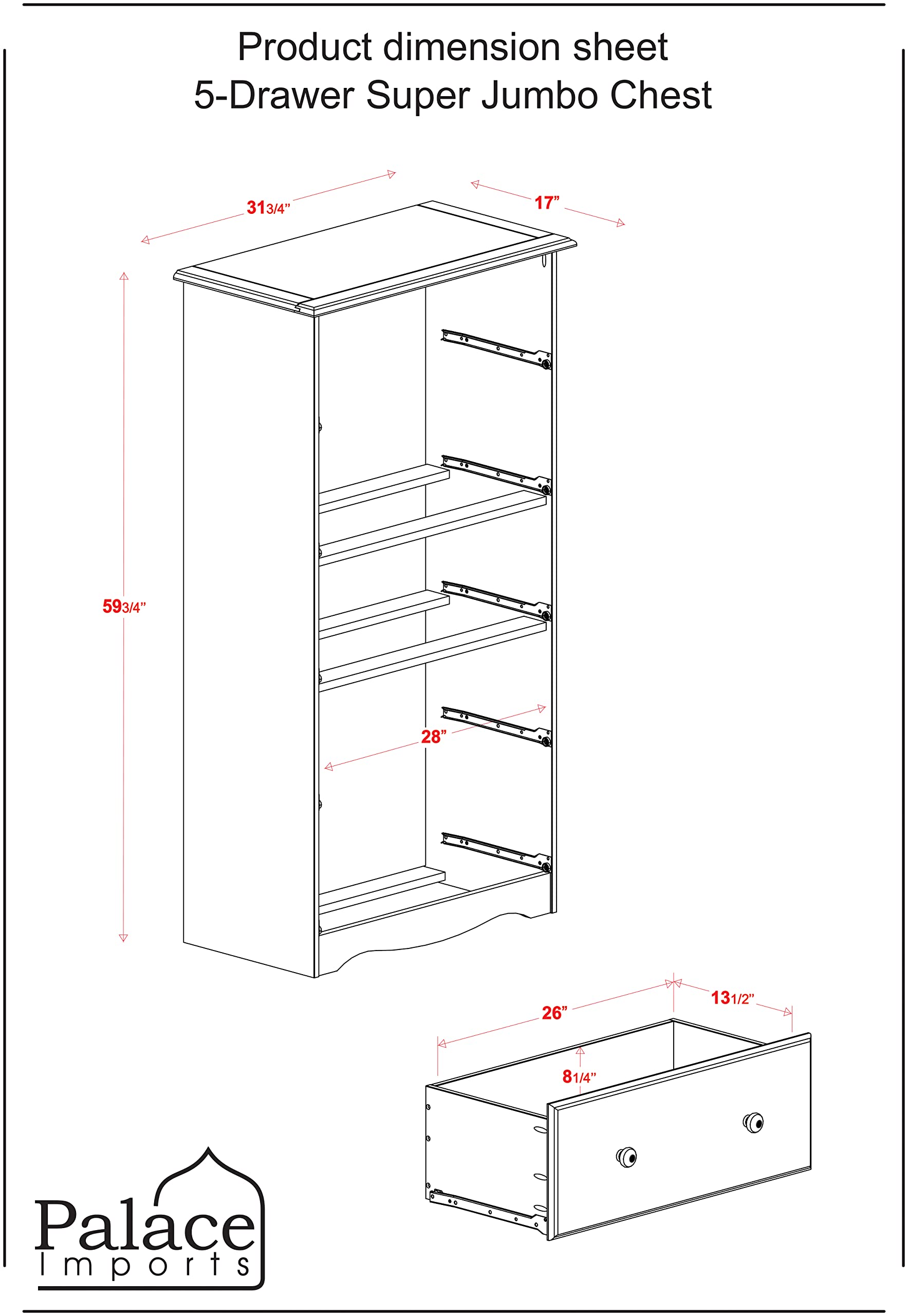 Palace Imports 100% Solid Wood 5-Super Jumbo Drawer Chest with Lock, Honey Pine, 31.75โw x 59.75โh x 17โ d, Lock and Key Included. Requires Assembly.