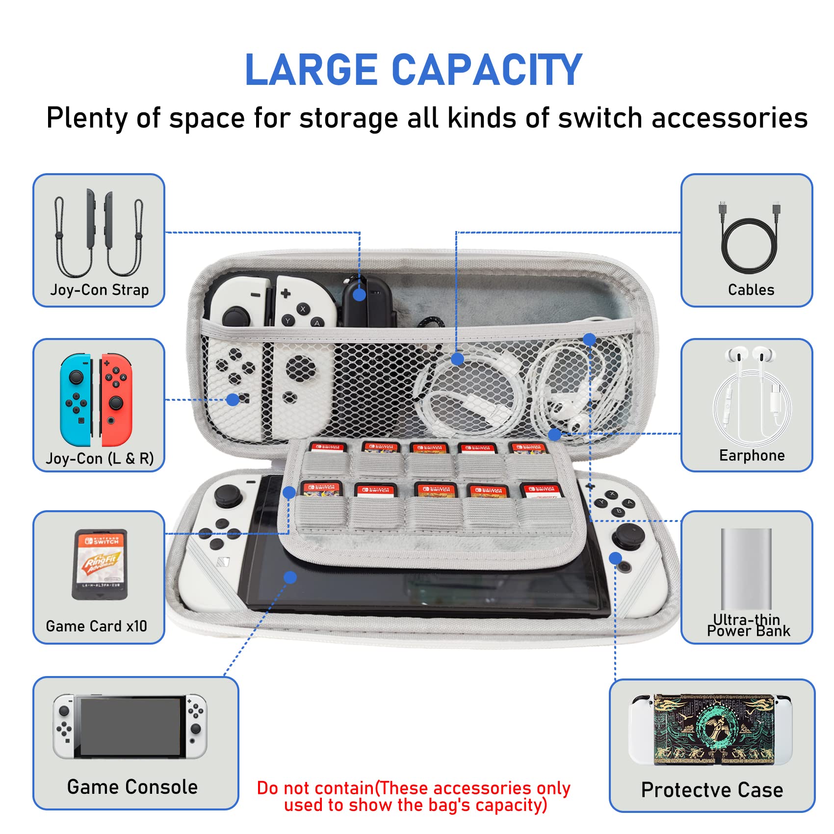 CHIKIXSON Carrying Case Splatoon 3 Compatible with Nintendo Switch & Switch OLED, Switch Accessories with 10 Game Cartridges, Protective Hard Shell Travel Case Pouch for Switch Console, White, Bag