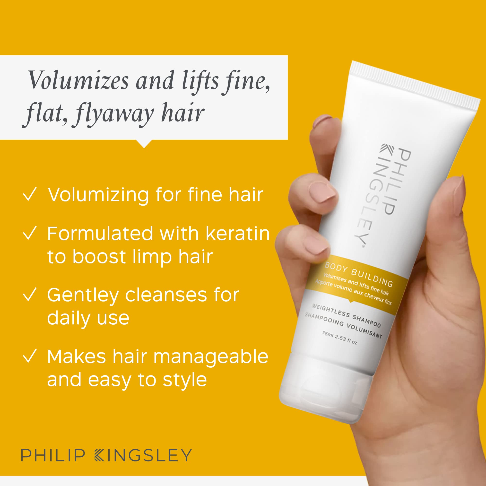 PHILIP KINGSLEY | Body Building Weightless Shampoo | Volumizing Shampoo for Fine, Limp, Flat, Flyaway Hair | Hydrates, Thickens, Lifts and Adds Volume and Shine | 2.53oz