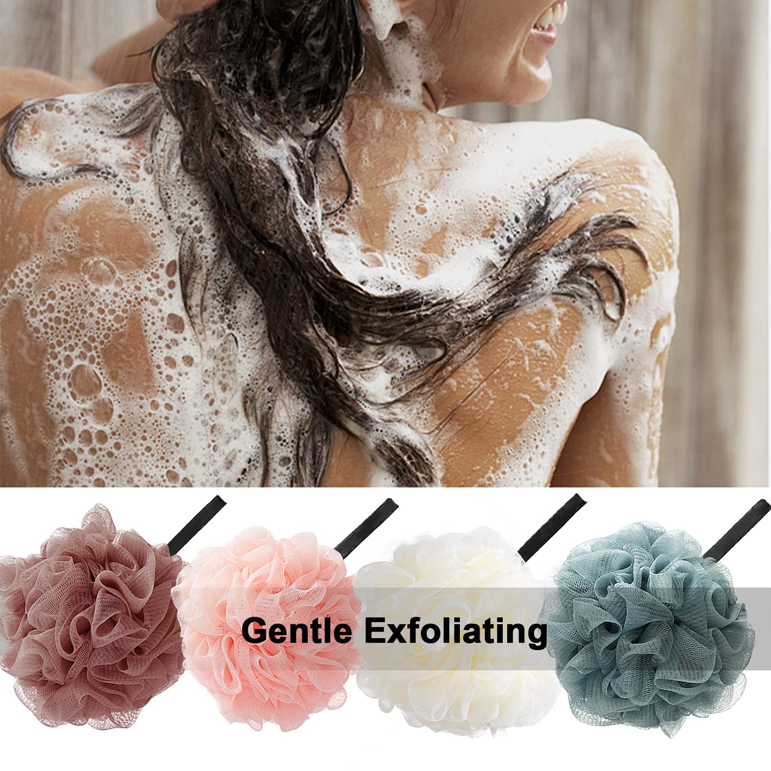 Bath Sponge with Hook, 4 Pack Shower Loofah Soft Mesh Shower Puff Body Wash Loofah Sponge Exfoliating Scrubber, Beauty Bathing Accessories