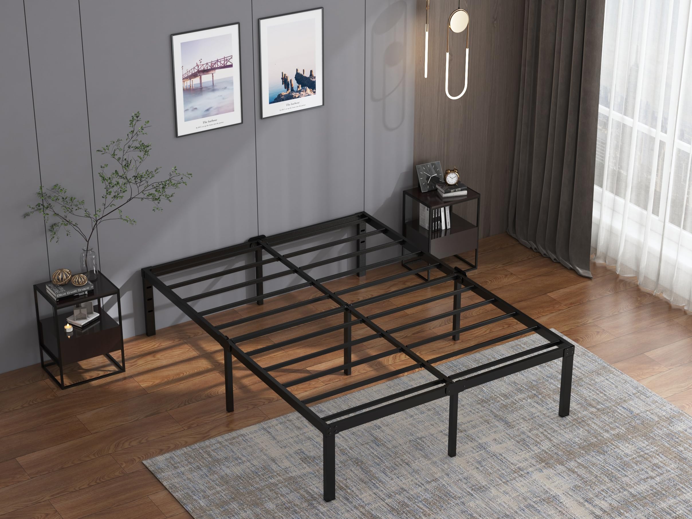 AROMUSTIME 16 Inch Reinfore Metal Platform Bed Frame with Round Legs / 3,800 lbs Heavy Duty Steel Slat Easy Assembly Mattress Foundation/No Noise/Box Spring Replacement, Queen