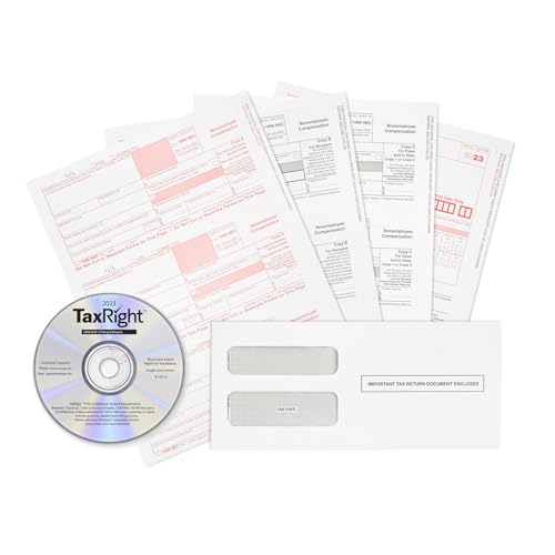 Blue Summit Supplies 1099-NEC 4 Part Tax Form Bundle 2023 with TaxRight CD-ROM (Formerly Called TFP), Includes Self-Seal Envelopes, Designed for QuickBooks and Accounting Software, 50 Pack