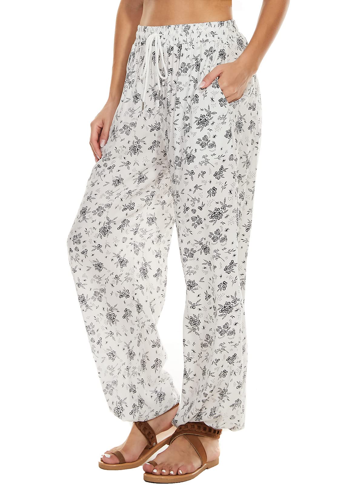 BATHRINS Womens Casual Harem Pants Baggy Boho Pants Summer Floral Beach Pants with Pockets