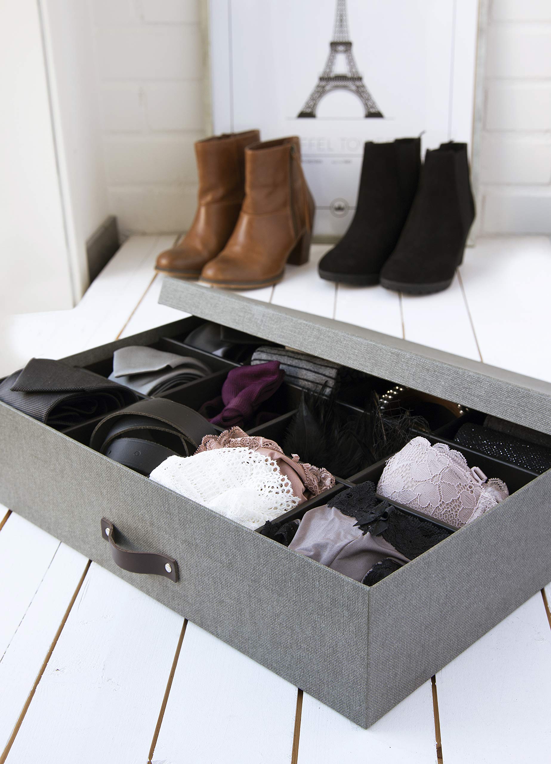 Bigso Box of Sweden Small Storage Box with 12 Compartments and Leather Handle - Fabric Storage Organiser for Shelves or Drawers - Drawer Organiser for Underwear, Socks, Jewellery, etc. - Grey