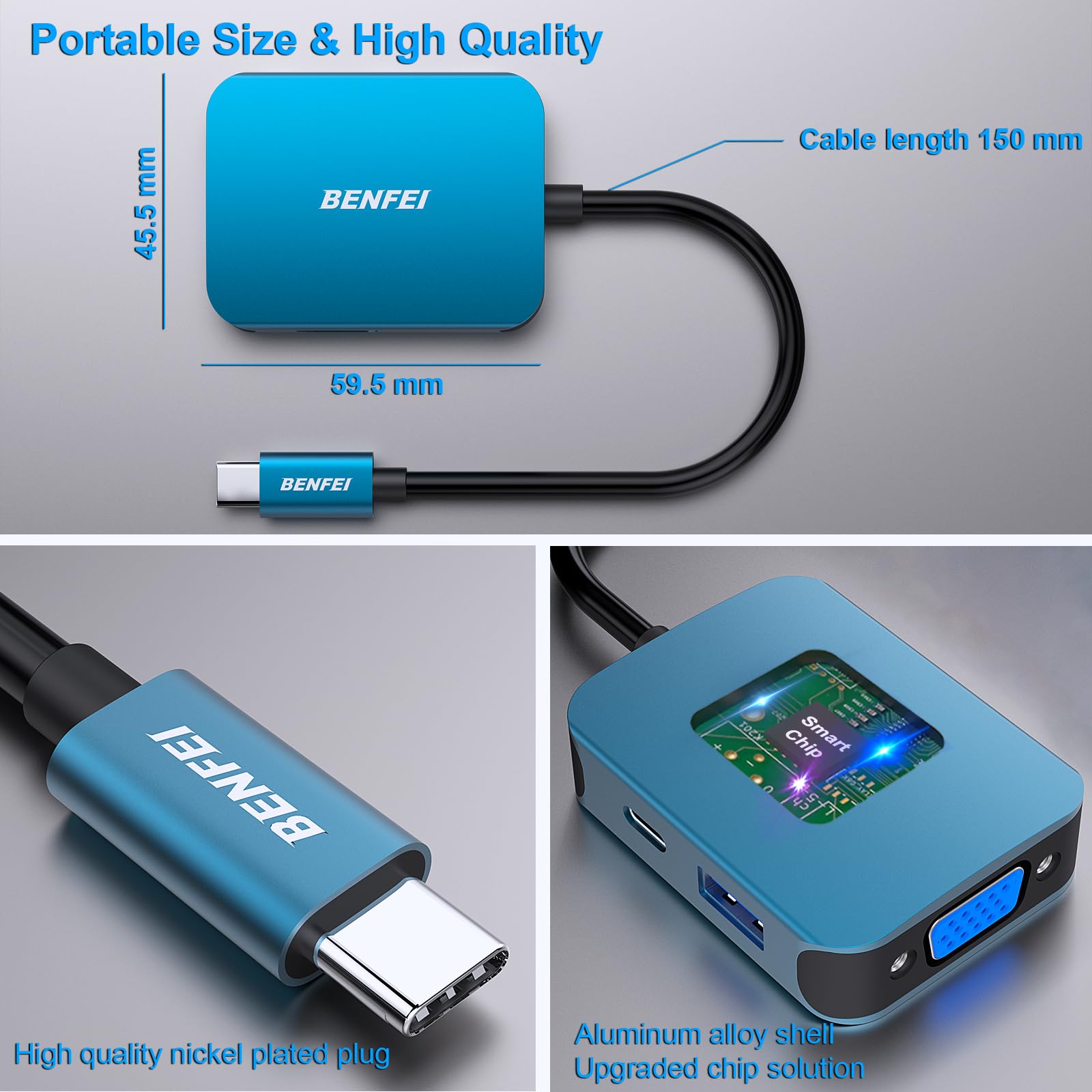 BENFEI USB C HUB 4in1, USB Type-C to HDMI VGA Adapter, USB C to USB Adapter, USB Type-C Power Delivery, Compatible with iPhone 15 Pro/Max, MacBook Pro/Air 2023, iPad Pro, iMac, S23, XPS 17