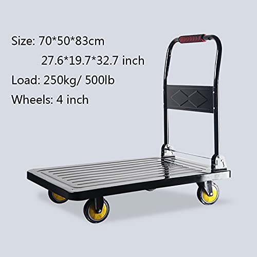 Cart Metal Platform Truck with 360 Degree Swivel Wheels and Foldable Handle for Iron Items Transport Large Load Capacity Push Cart Platform Truck Cart (Size : 70 * 50)