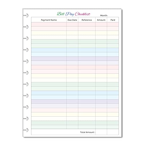 Colorful Bill Pay Checklist for 11 Disc Letter Size Planners (8.5'' x 11'') Budget Refills