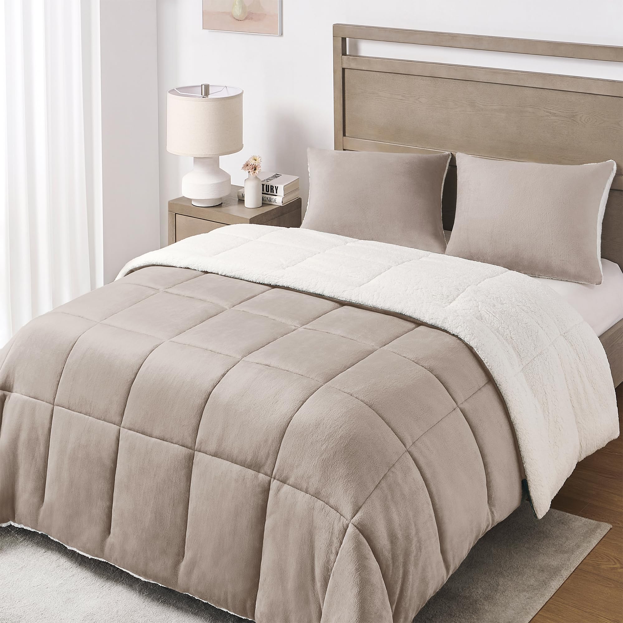Basic Beyond Twin Comforter Set - Micromink Fleece Sherpa Comforter for Twin Bed, Soft and Warm Twin Bedding Comforter Set for Girls and Boys in Winter, Sand, 64"x88"