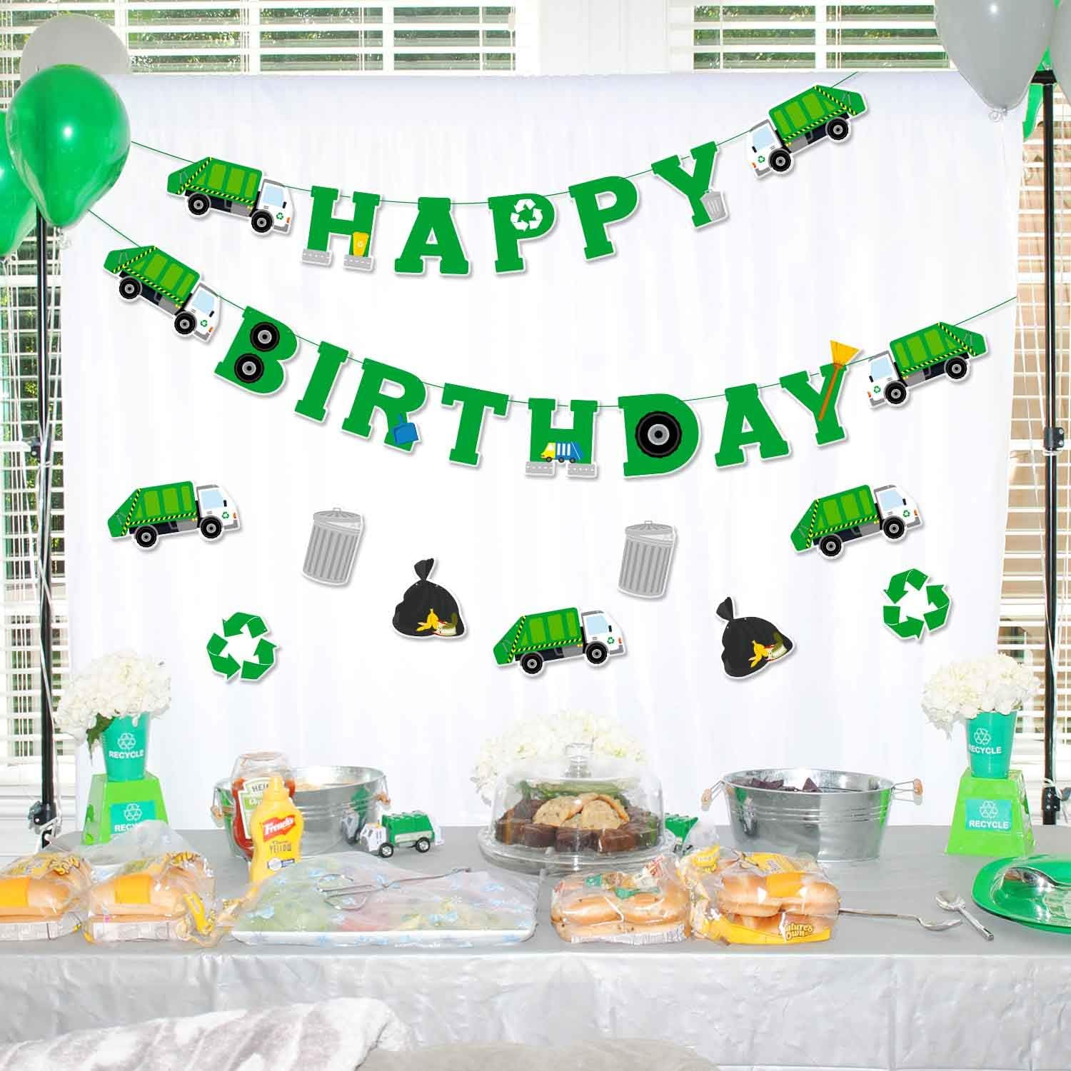 Bessmoso Garbage Truck Birthday Banner Trash Truck Party Supplies Waste Management Recycling Decorations Set of 3