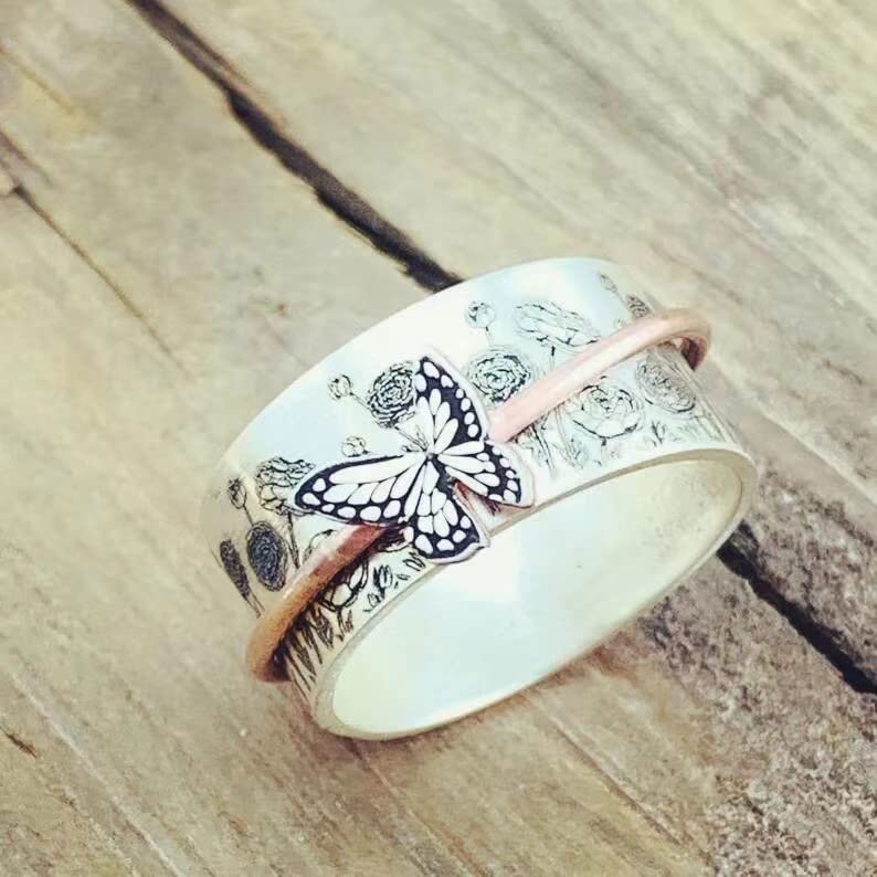 Butterflies Silver Spinner Ring, Fidget Anxiety Relief Rings Personalized Inspirational Gift for Women With Blessing Card Jewelry