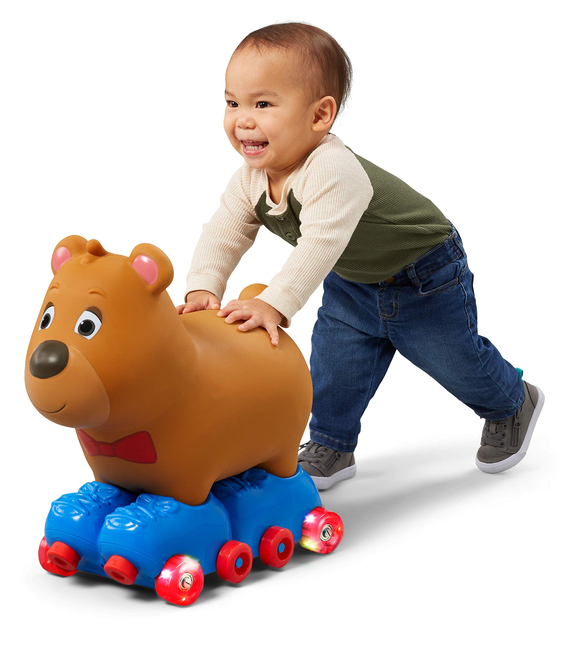 Kid Trax Silly Skaters Bear Toddler Foot to Floor Ride On Toy, Kids 1-3 Years Old, Soft and Inflatable, Single Rider, Light Up LED Rollerskates, Brown