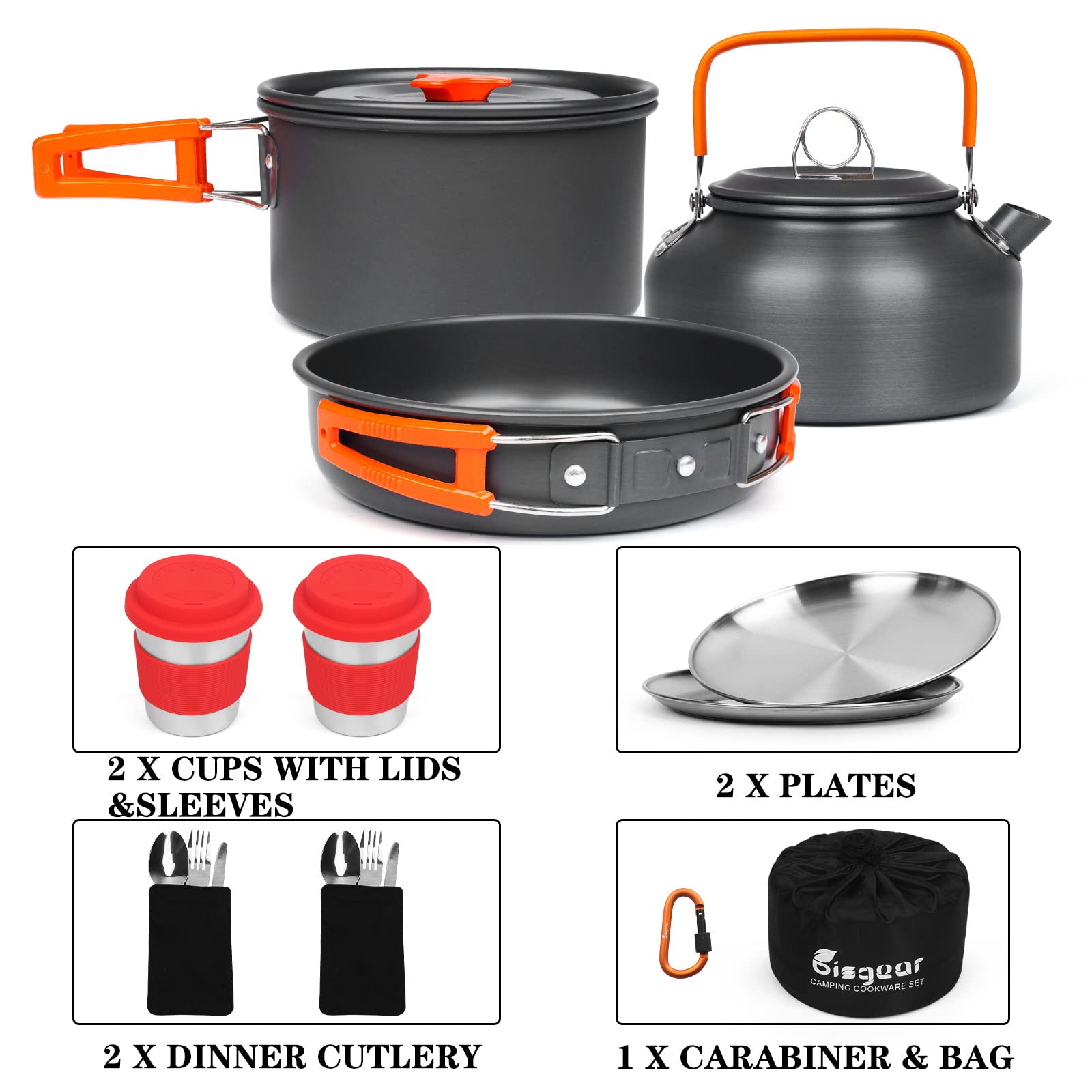 Bisgear Camping Cookware Kettle Mess Kit - Camping Cooking Set Stainless Steel 18/8 Plates Cups with Lids &Sleeves Cutlery - Camping Pots and Pans Set - Backpacking Gear Camp Accessories Equipment