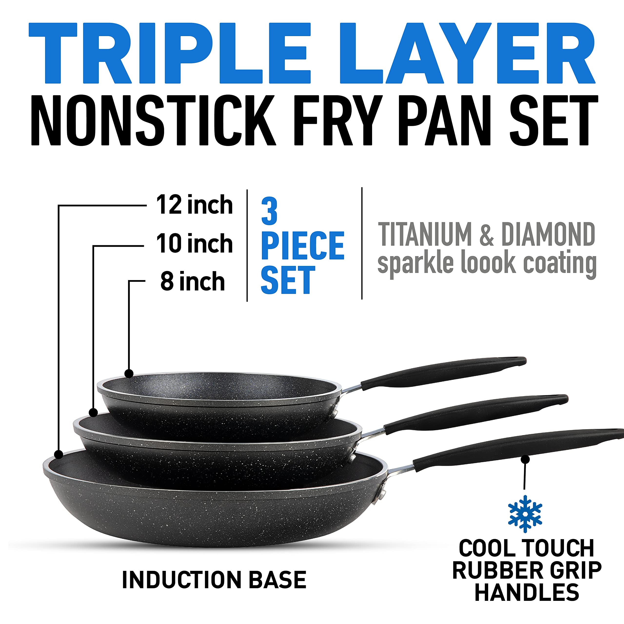 Granitestone 3 Piece Nonstick Frying Pan Set, 8”, 10” & 12” Nonstick Mineral and Diamond Triple Coated Frying Pans, Nonstick Skillet Set, Omelet Pan, PFOA Free, Dishwasher Safe, Cool Touch Handle