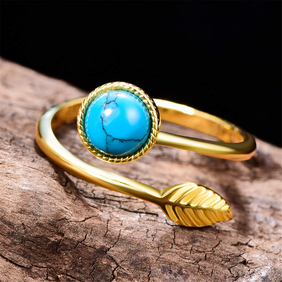 AVECON 14k Gold Plated Turquoise Feather Ring 925 Sterling Silver Adjustable Open Tree Leaf Bands Ring for Women
