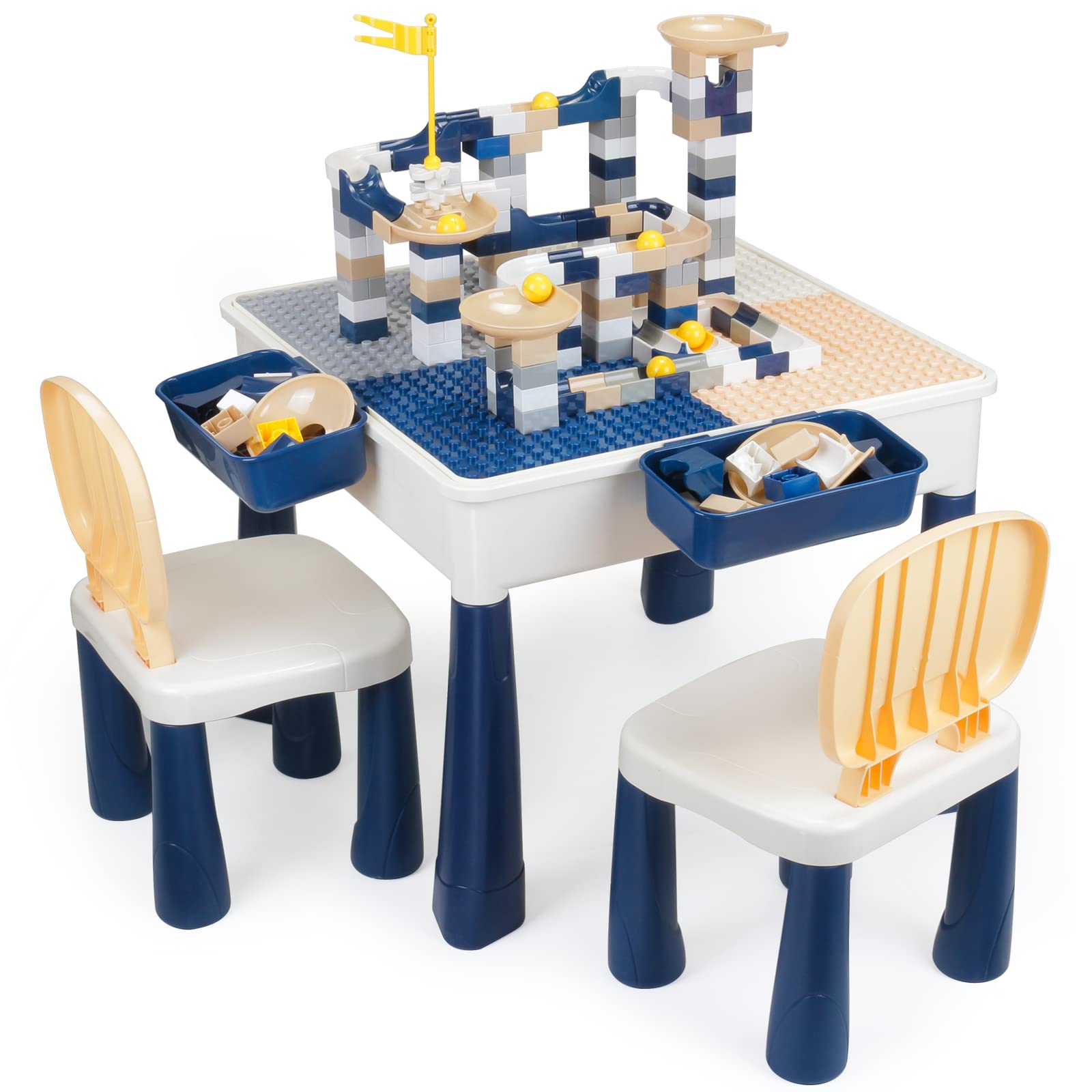 KIDCHEER Kids Table and Chair Set with 100PCS Marble Run, Toddler Table All-in-One Multi Activity Playset, Toddler Building Blocks Toys for Learning & Playing, Water & Sand Game