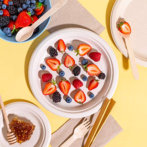 Beeleeve [50-Pack / 10-Inch 100% Compostable Disposable Round Bagasse Paper Plates - Biodegradable Sugarcane Fibre - Strong Heavy Duty Rigid Design - Sustainable & Food-Grade - White