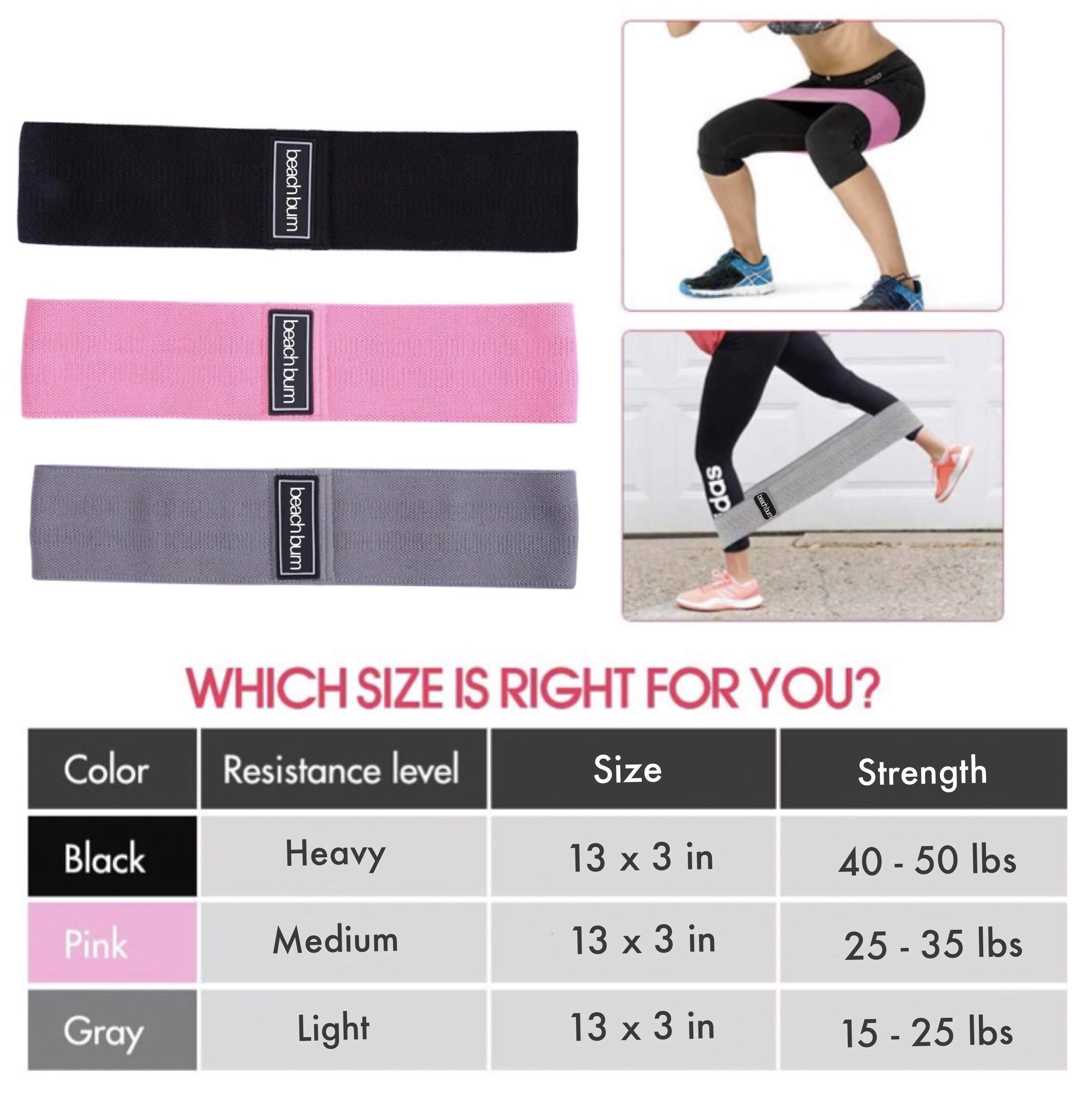 BEACH BUM Resistance Bands for Legs and Butt, Fabric Booty Bands, 3-Set Exercise Bands for Toning, Sculpting, Strength Training, Fitness, Squats, Lunges, Pilates, Yoga, Stretching, Glutes, Abs, Hips