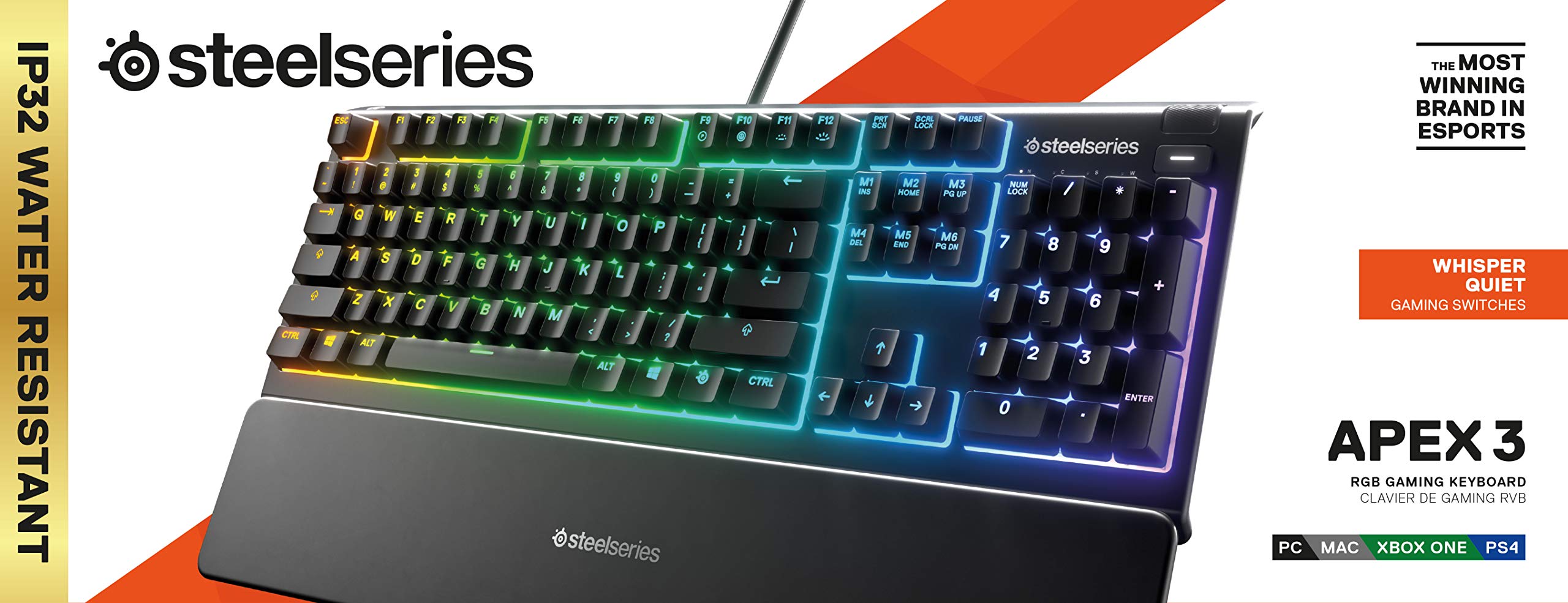 SteelSeries Apex 3 RGB Gaming Keyboard – 10-Zone RGB Illumination – IP32 Water Resistant – Premium Magnetic Wrist Rest (Whisper Quiet Gaming Switch) - SP (Spanish)