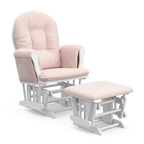 Storkcraft Premium Hoop Glider and Ottoman (White Base, Pink Cushion) â Padded Cushions with Storage Pocket, Smooth Rocking Motion, Easy to Assemble, Solid Hardwood Base