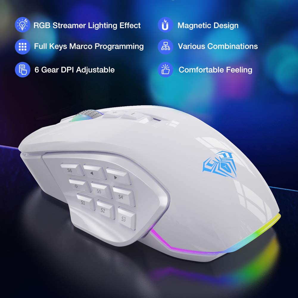 AULA H510 MMO Gaming Mouse with 9 Side Buttons, 10,000 DPI, RGB Backlit Ergonomic Office Games USB Wired Computer Mice, White