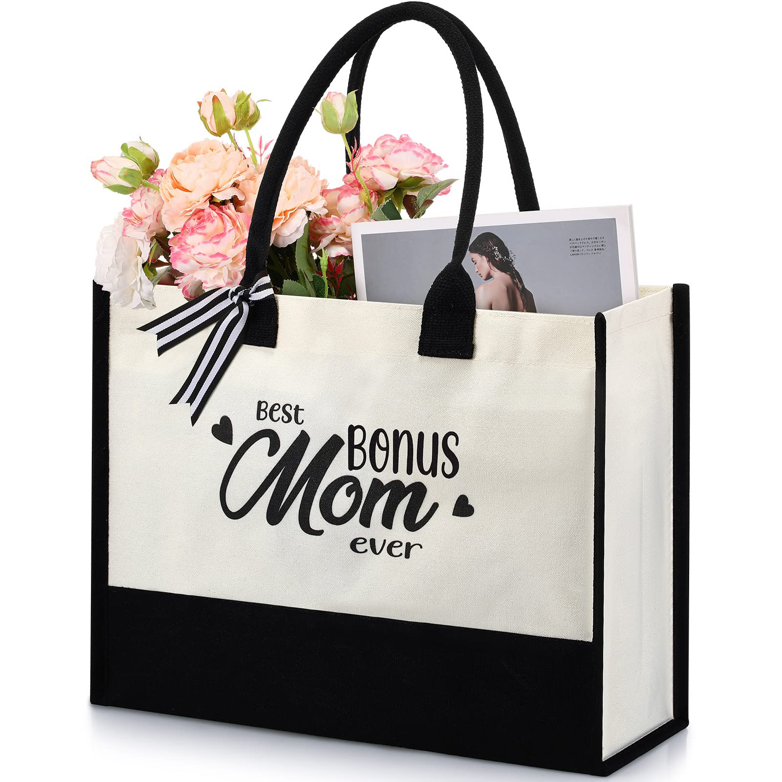 Best Bonus Mom Ever Appreciation Gifts Canvas Tote Bag Women Mother's Day Gift for Stepmom with Zipper Kitchen Reusable Grocery Bags Birthday Thank You Gift from Daughter Son Black and White