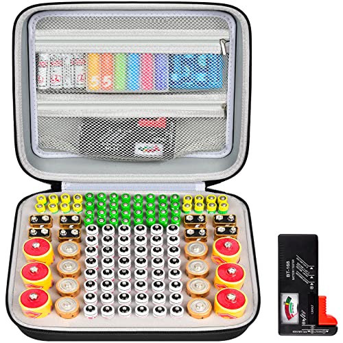 Battery Organizer Storage Case, 118+ Batteries Carrying Holder Container Box Double Mesh Pockets for AA AAA 9V C D with BT-168 Battery Tester (Batteries are Not Included)