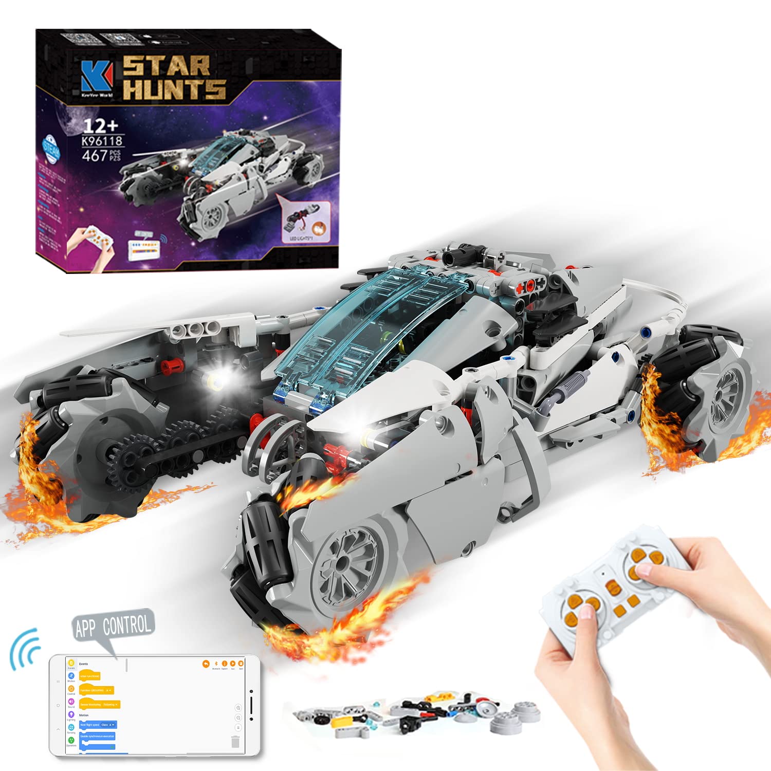 STEM Toys Building Toys RC Car Building Kit, 4WD Remote Control Car Building Kits for Boys and Girls 8-12 Years Old, Rechargeable Toy Building Sets RC&App Control Model Car Kits Gift (467 PCS)