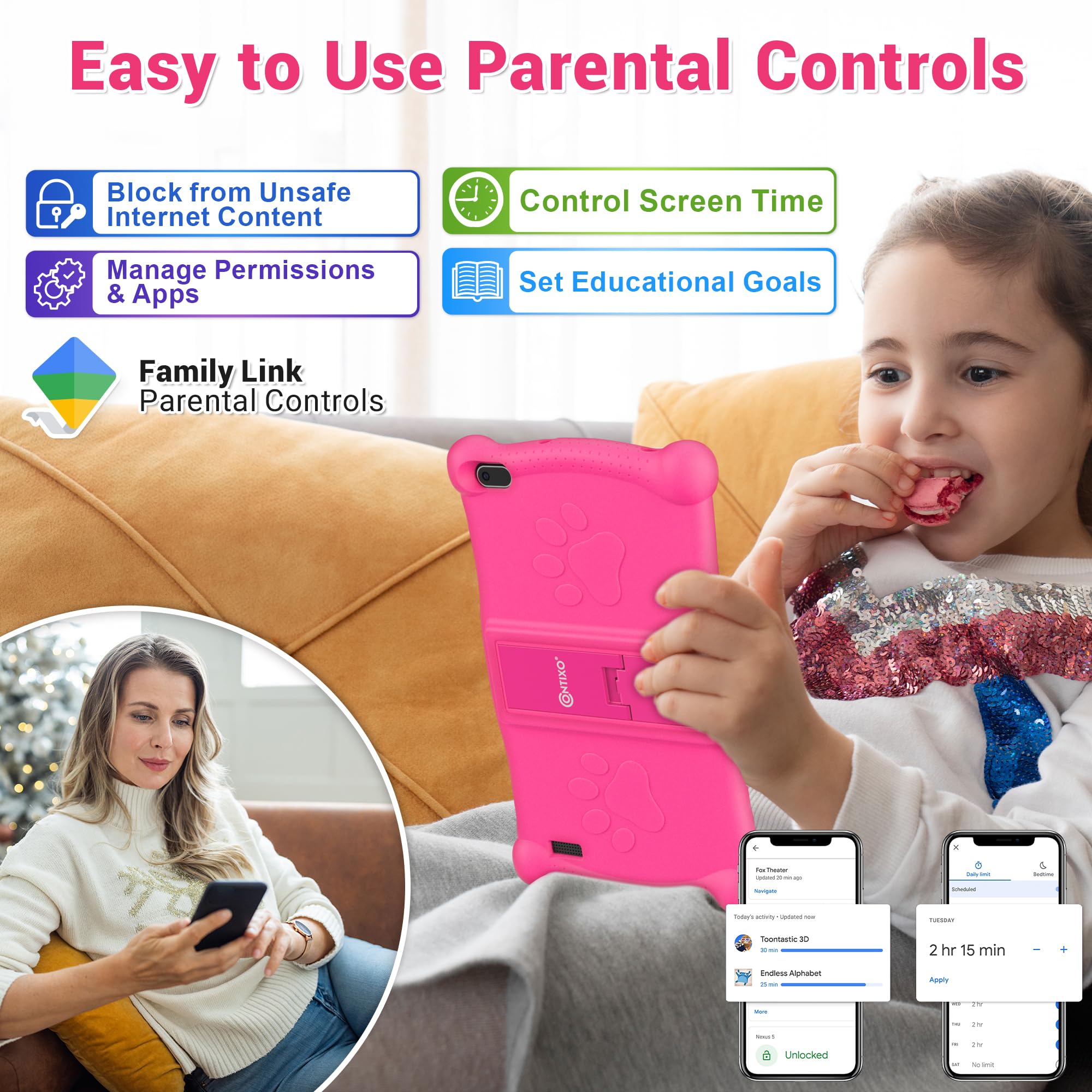 Contixo Kids Tablet, V10 7 Inch Tablet for Kids and Smart Watch Bundle, 2GB 32 GB Toddler Tablet with Bluetooth, with Smart Watch/Touch Screen, Camera, Video and Audio Recording, MP3 Player-Pink