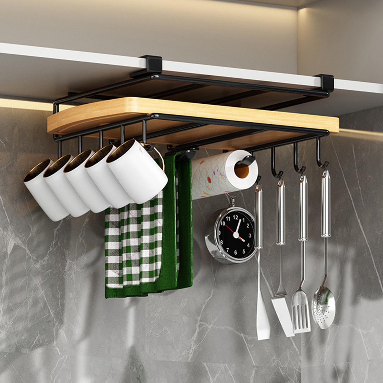DAMLUX Mug Rack Under Cabinet, Mug Hanging Under Shelf, Stainless Steel Punch Free Mug Hooks Under Cabinet with Place Cutting Boards, Paper Towels, Cups, Towels, Utensil Hanger Kitchen Organizers
