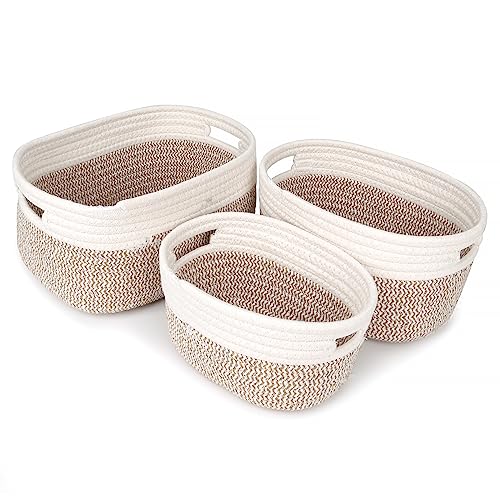 Storage Baskets for Shelves, Set of 3 Storage Baskets with Handles for Living Room, Bathroom Nursery Shelves (Mixed Camel+White)