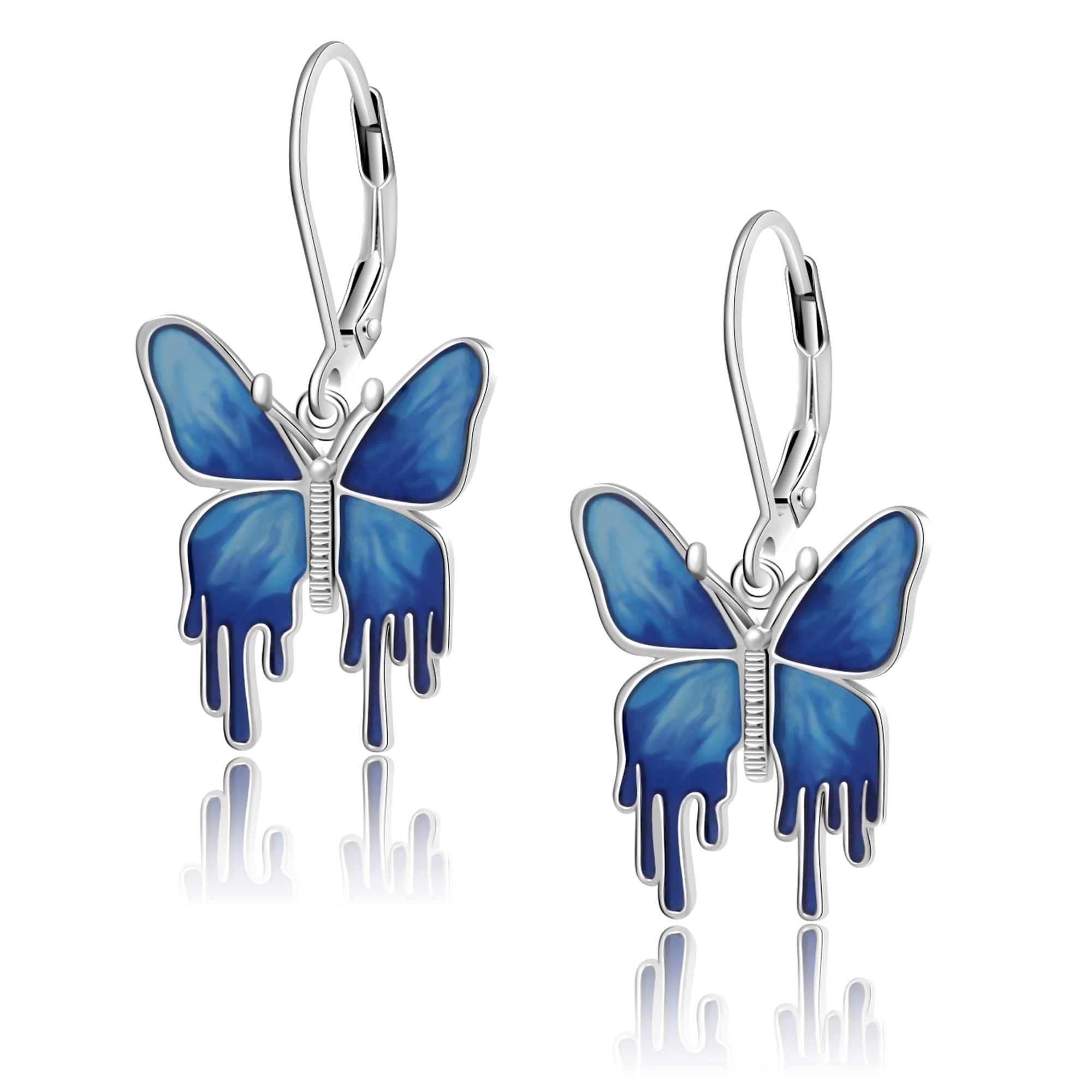 Butterfly Earrings 925 Sterling Silver Blue Butterfly Wing Earrings Dangling Butterfly Enamel Earrings Hanging Butterfly Dangle Drop Earrings for Women