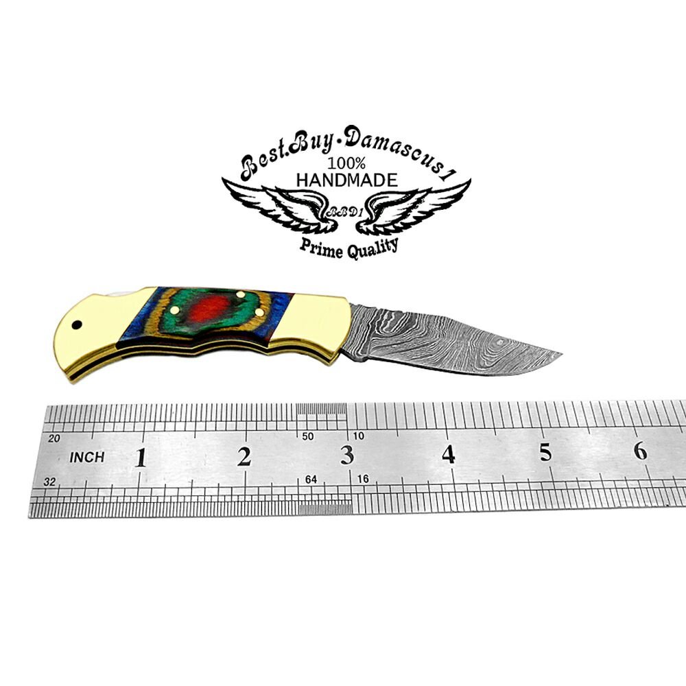 Best.Buy.Damascus1 Multi Color Wood 5.5'' Custom Handmade Damascus Steel Double Brass Bloster With Sharpening Rod Folding Pocket Knife Back Lock Prime Quality Come With Leather Sheath