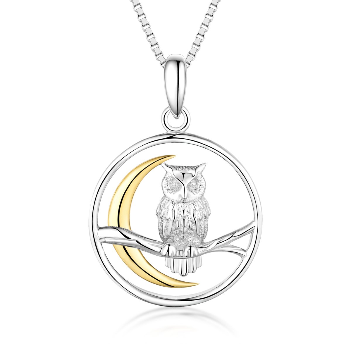Bellrela 925 Sterling Silver Owl on the Branch Cresent Moon pendant necklace,18+2''rolo chain