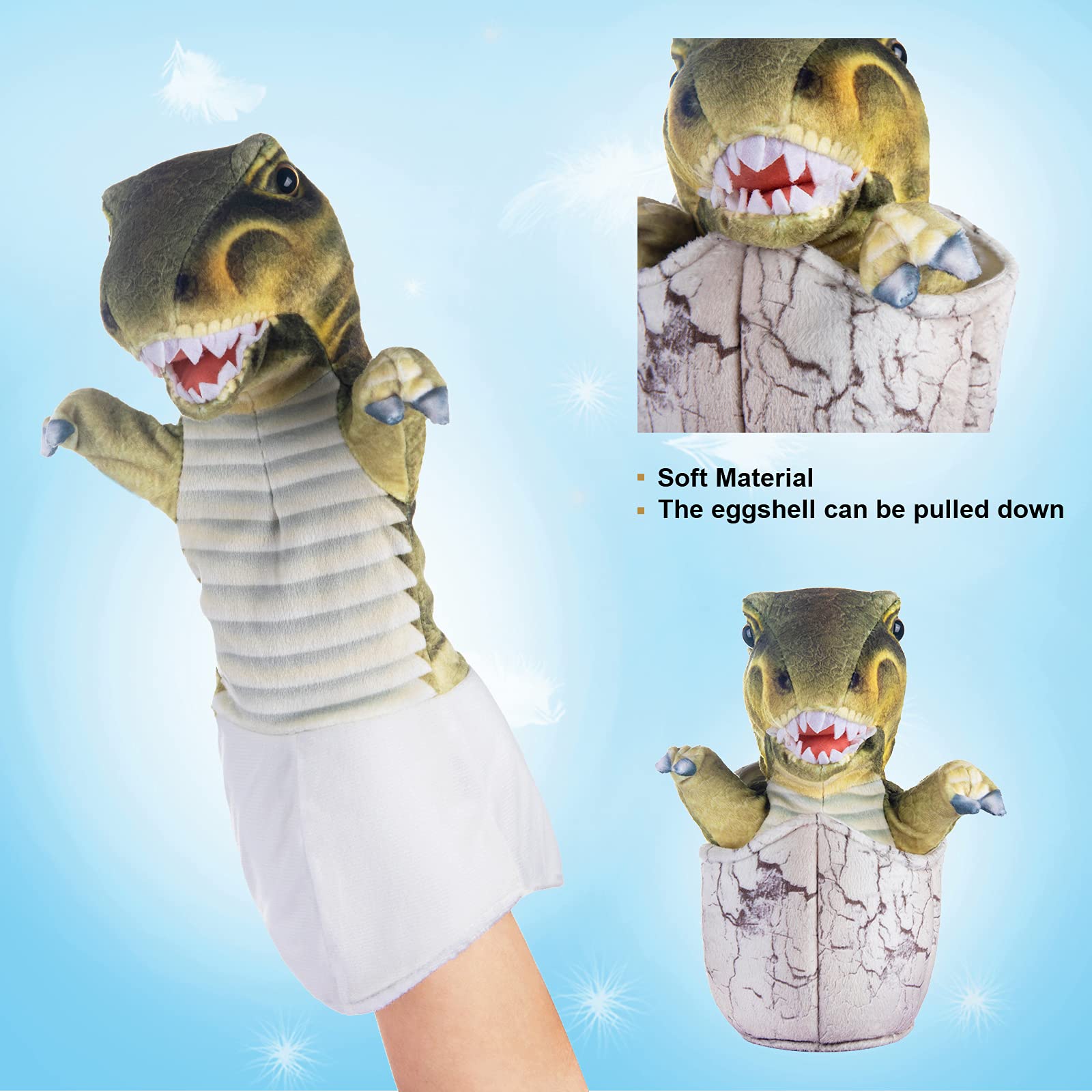 My OLi 9.5”Plush Dinosaur Hand Puppet Bundle 3 Pack of Stuffed Dinosaur with Egg for Creative Role Play Gift for Kids Toddlers Birthday Party Favor Supplies,Imaginative Play