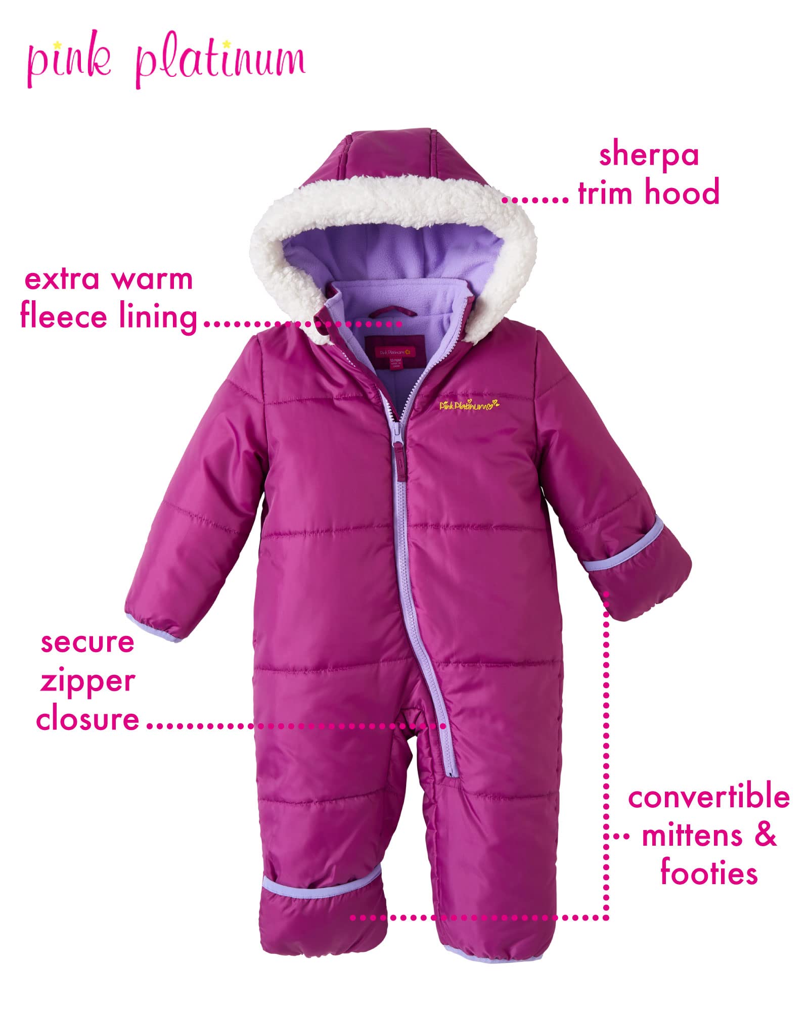Pink Platinum Baby Girls' One-Piece Puffer Winter Snowsuit with Hood (Newborn & Infant), Size 18/24M, Plum