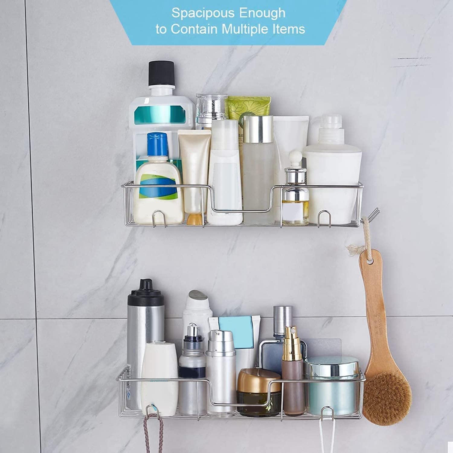Eovuasclk Shower Shelf with Hooks,No Drilling Adhesive Shower Shelf for Bathroom Storage,Rustproof Shower Organizer