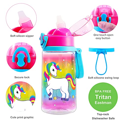 Home Tune 18 oz Cute Water bottle with Straw for Girls, BPA FREE Tritan & Leak Proof One Click Open Flip Top & Easy Clean & Soft Carry Loop (Unicorn)